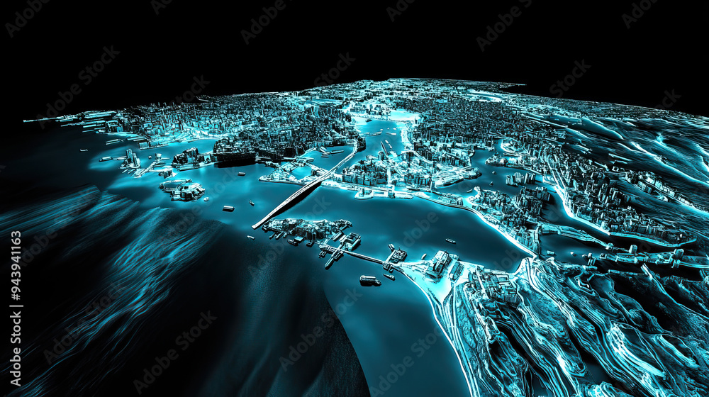 Technical aerial visual, 3D LiDAR GIS aerial map satellite scan model ...