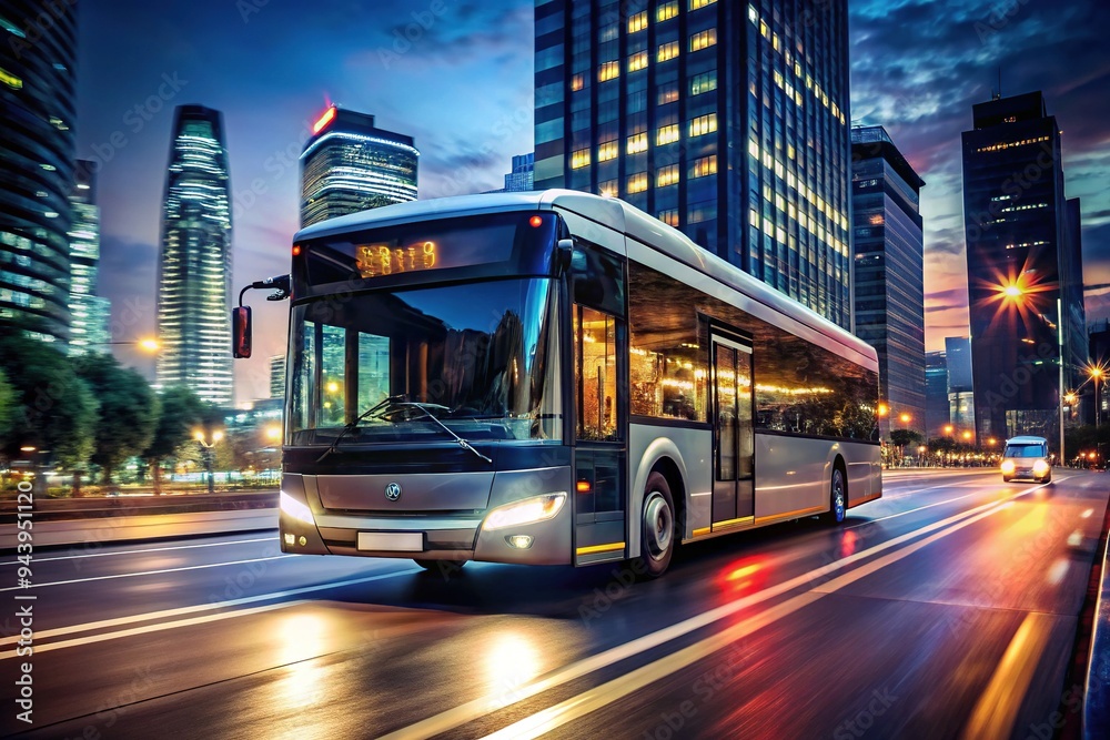 A modern, sleek city bus speeds down a bustling urban street, its ...