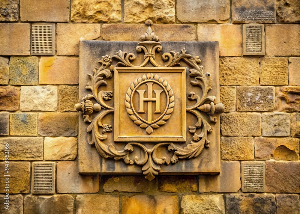 Sandstone Heritage Plaque: Timeworn sandstone wall displaying an ...