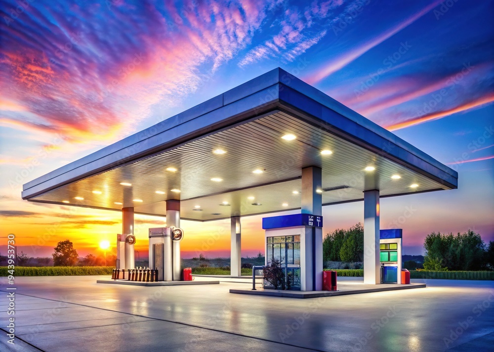 A modern gas station with brightly lit fuel pumps, clean forecourt, and ...