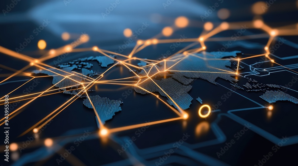 This visual illustrates a world map with illuminated pathways ...