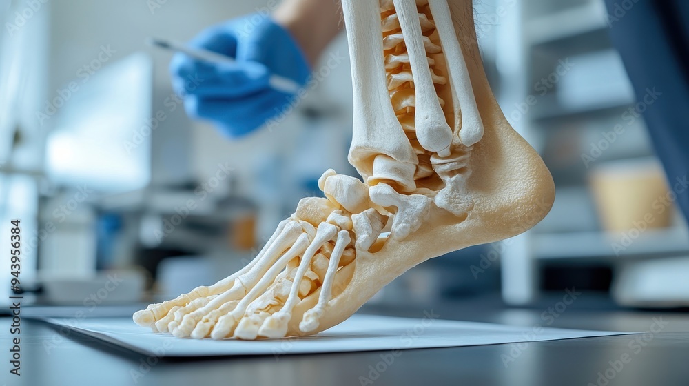 Detailed view of a human skeleton foot model used in medical study and ...