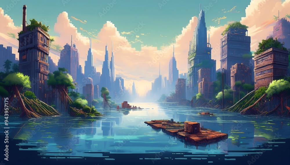 Pixelated Flooded City Ruins - A pixel art representation of a post ...