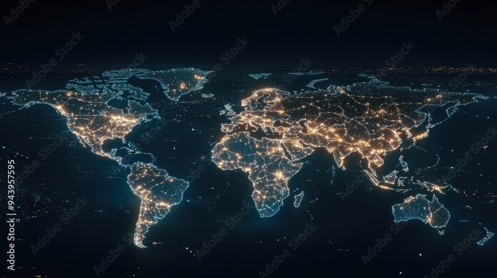 This visual illustrates a world map with illuminated pathways ...