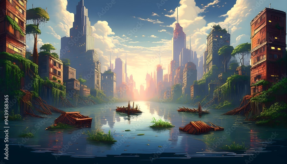 Pixelated Flooded City Ruins - A pixel art representation of a post ...