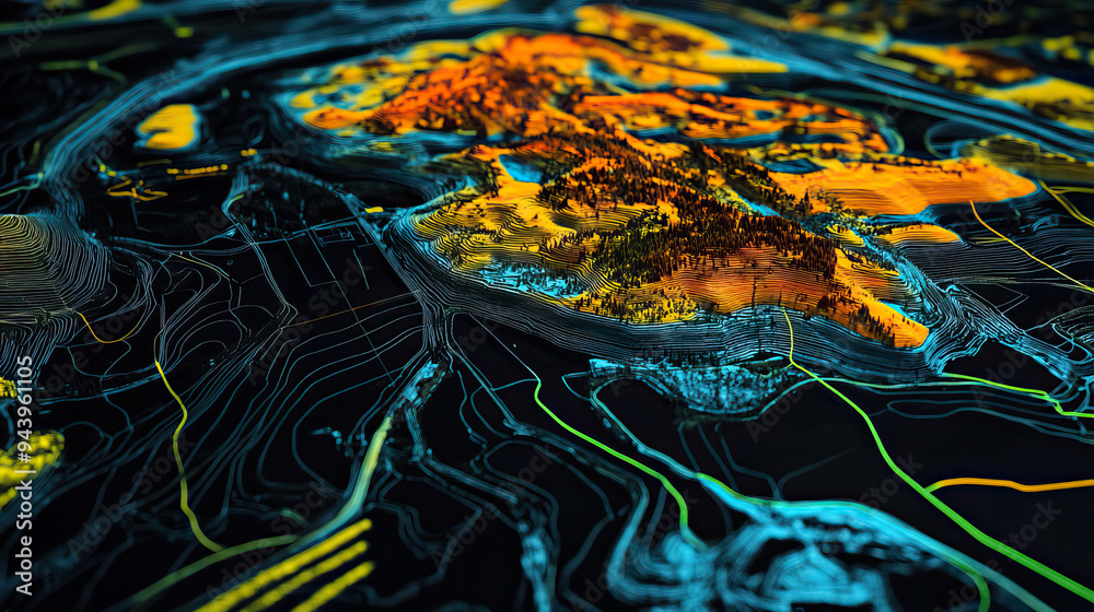 Technical aerial visual, 3D LiDAR GIS aerial map satellite scan model ...