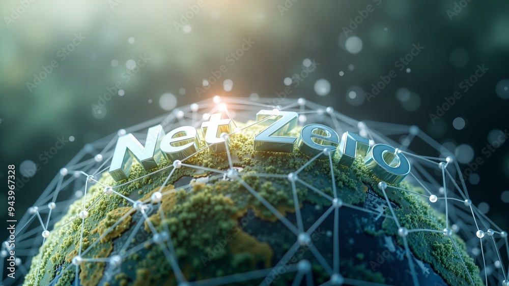 Net Zero Global Network, 3D rendered globe with "Net Zero" prominently displayed in metallic ...