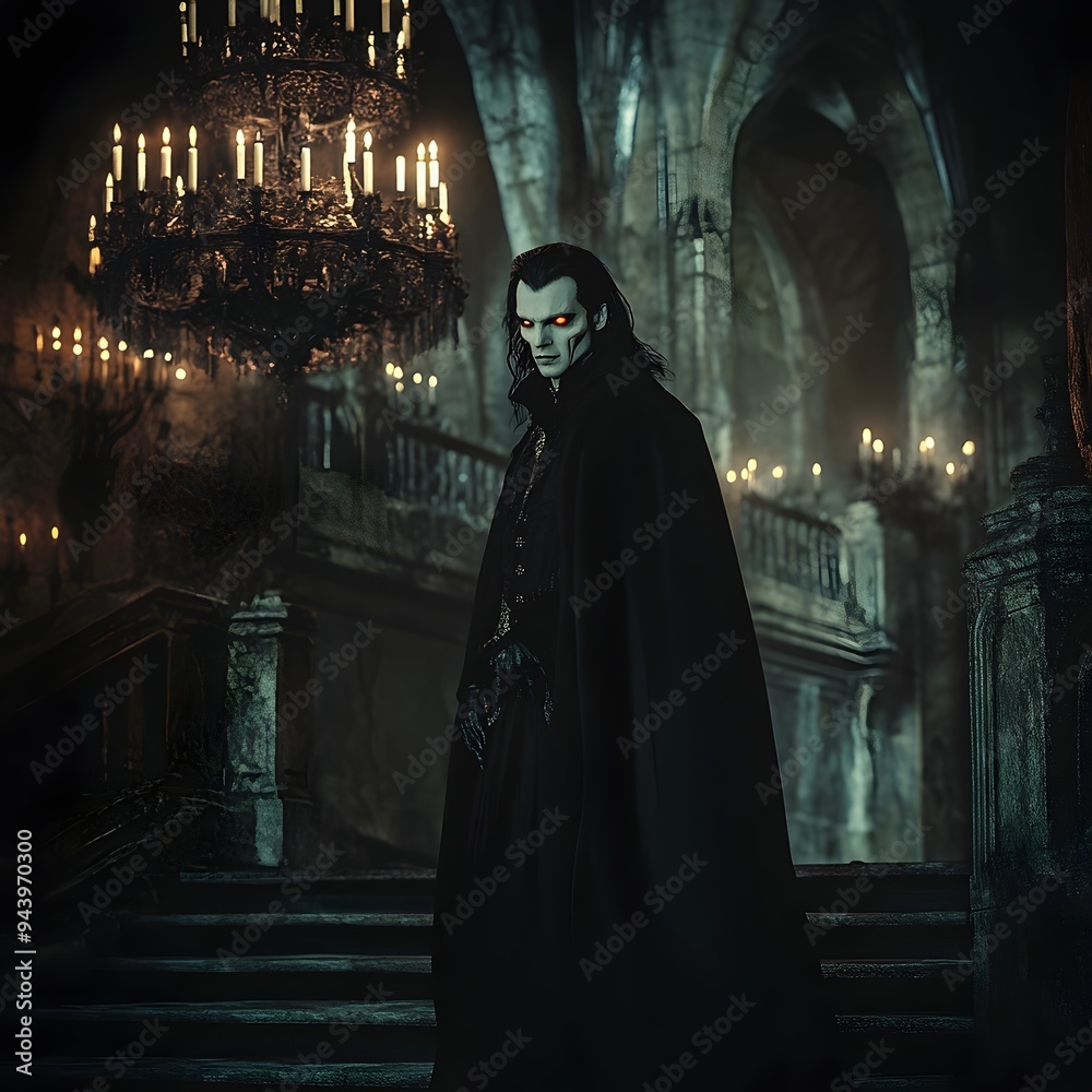 Regal Vampire Stalking the Shadows of a Dark Gothic Castle Fangs ...