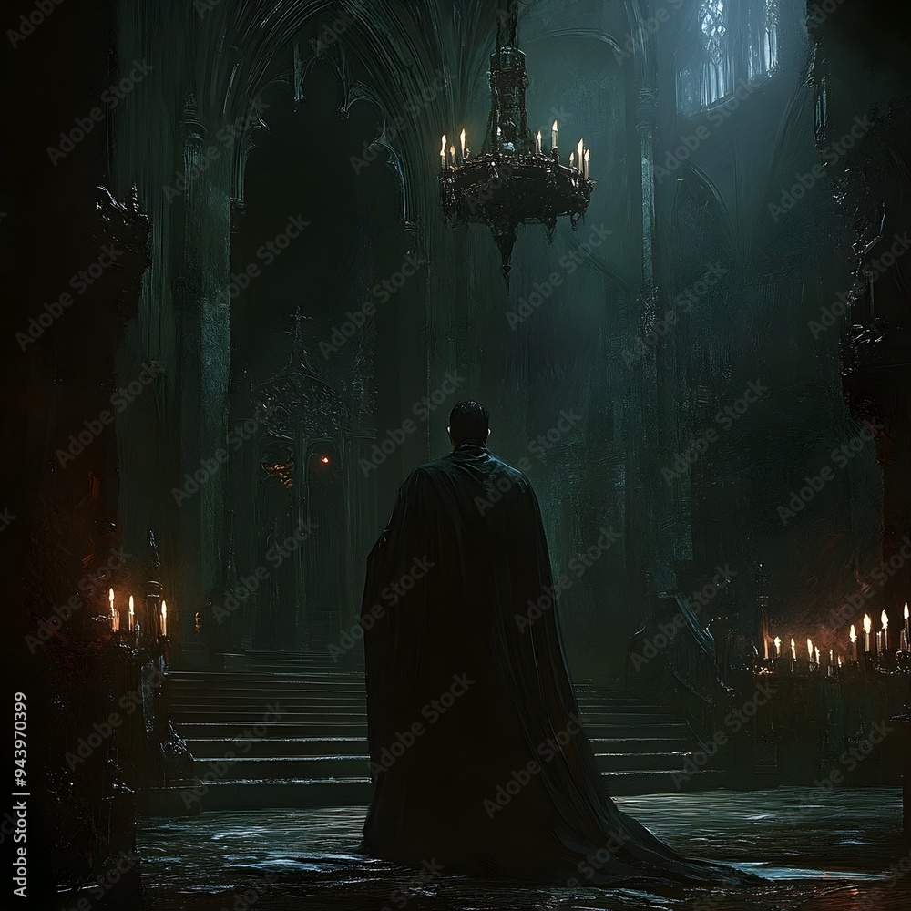 ภาพประกอบสต็อก Regal vampire stalking through the dark atmospheric ...