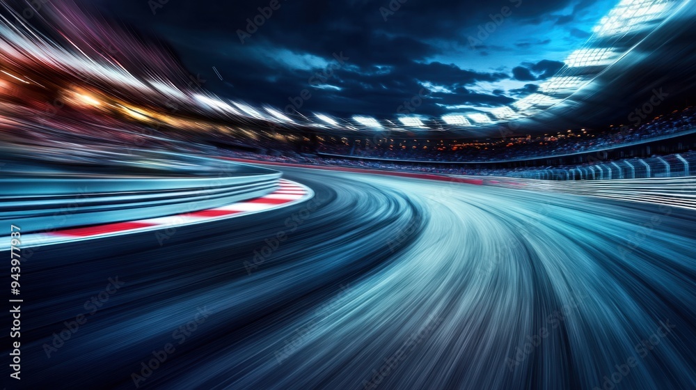 brightly lit racing track inside a modern stadium at night. Dramatic ...
