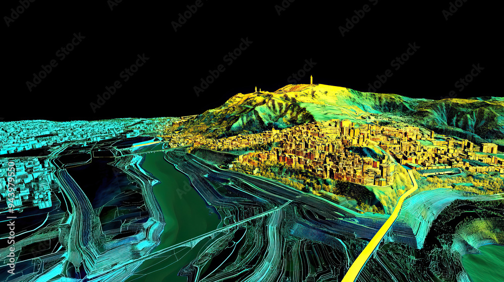 ภาพประกอบสต็อก Technical aerial visual, 3D LiDAR GIS aerial map ...