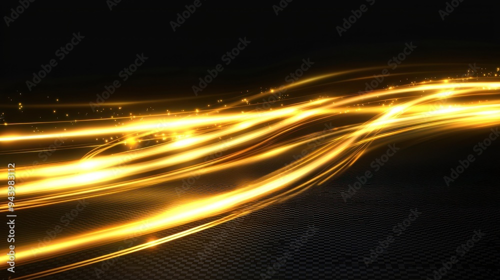 High-speed neon light lines of yellow color on a black background ...