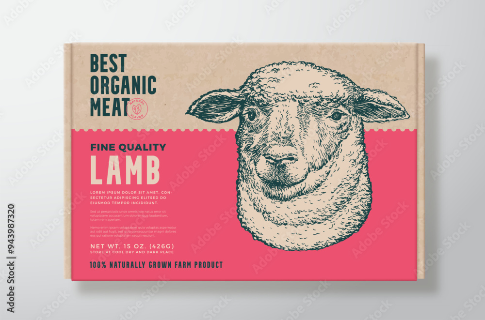 Lamb Meat Vector Packaging Label Design on a Craft Cardboard Food Box ...