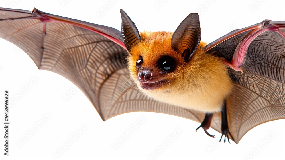 A bat is flying in the air with its wings spread out. The bat has a ...