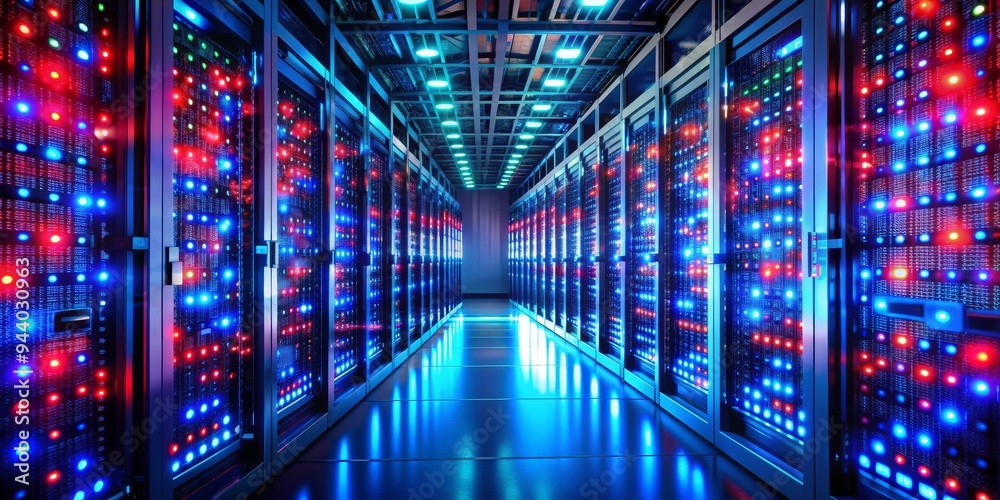 Digital Data Center A Rows of Servers Glowing with Blue and Red Lights ...