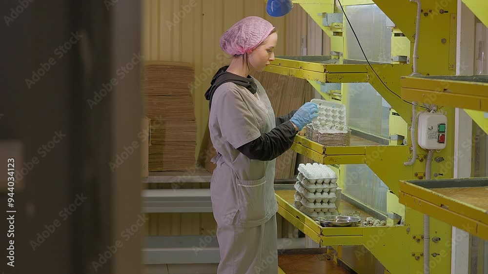 Quail eggs packaging process at the poultry farming facility. Woman ...