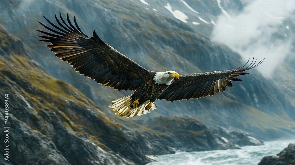 Impressive eagle gliding over a dramatic mountain range perfect for ...