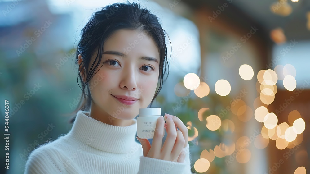 Japanese skincare model applying night cream, soft dim lighting, serene ...
