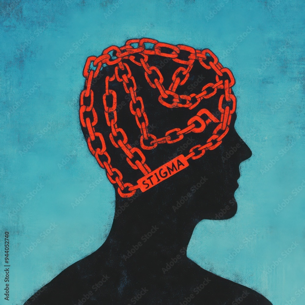 An abstract human silhouette with chains labeled "stigma" breaking ...