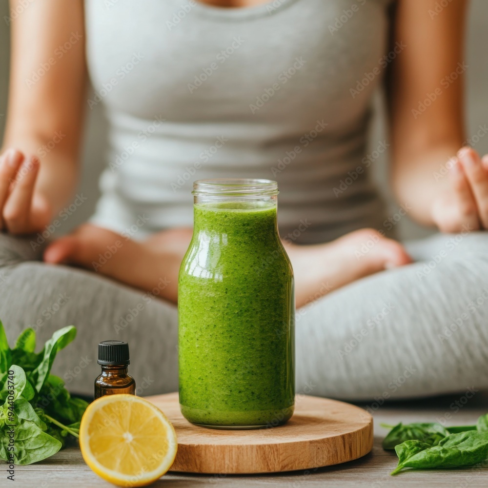 A person meditating after a workout with a detox smoothie and essential ...