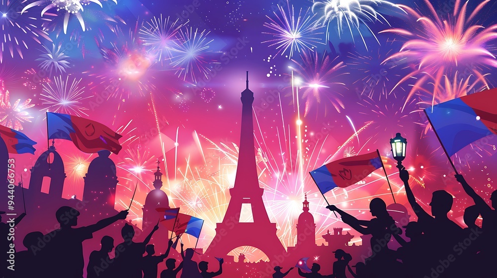 French Bastille Day celebration with fireworks over the Eiffel Tower ...