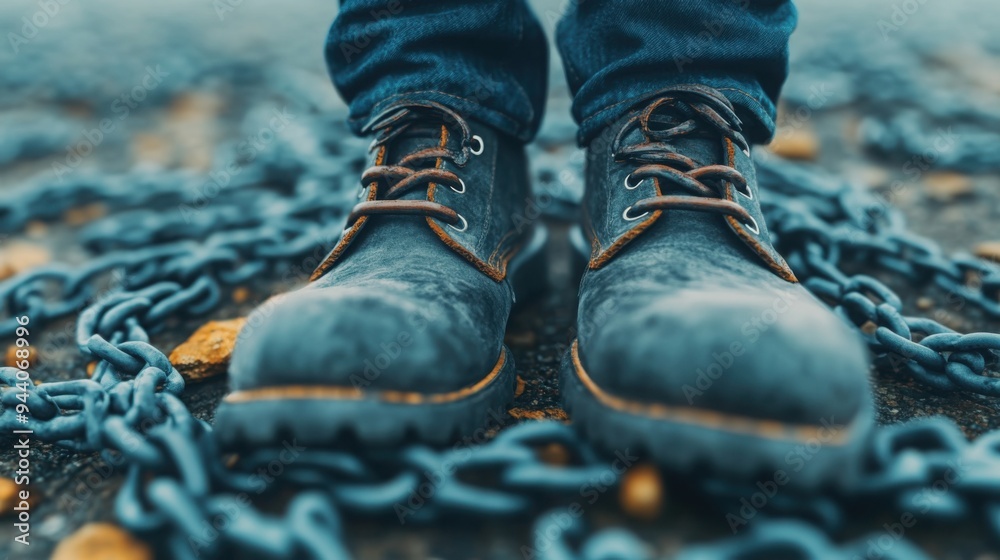 Broken chains labeled "stigma" at a person's feet, 3D illustration ...