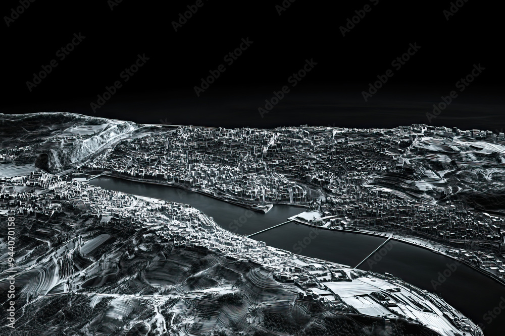 Technical aerial visual, 3D LiDAR GIS aerial map satellite scan model ...