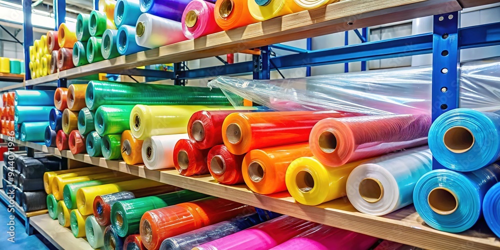 Colorful rolls of transparent plastic wrap, bags, and sheeting stacked ...