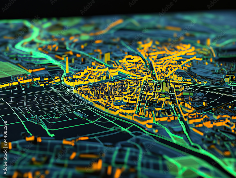 Technical aerial visual, 3D LiDAR GIS aerial map satellite scan model ...