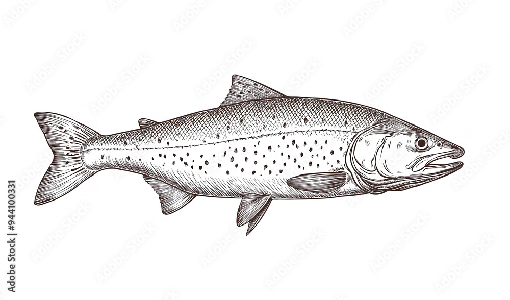 Fish sketch salmon trout. Vintage retro print, black white salmon trout ...