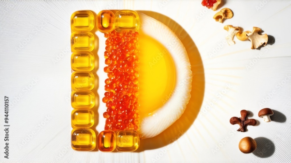 Vitamin D healthy nutrition concept. Vitamin D-rich foods: egg yolk ...