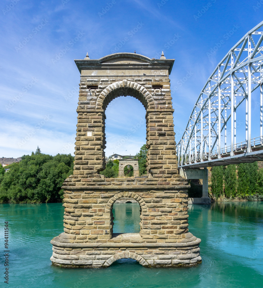Historic bridge ruins over the Clutha River in Alexandra, New Zealand ...