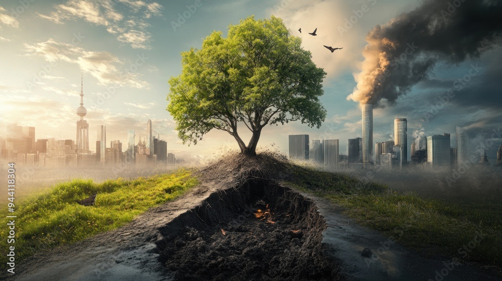 The Splitting Path: Nature's Resilience vs. Industrial Pollution Stock ...
