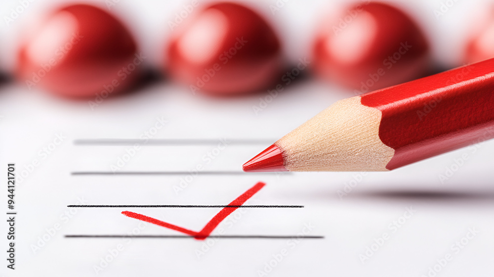 Red Pencil Marking a Checkmark on Checklist for Success Stock ...