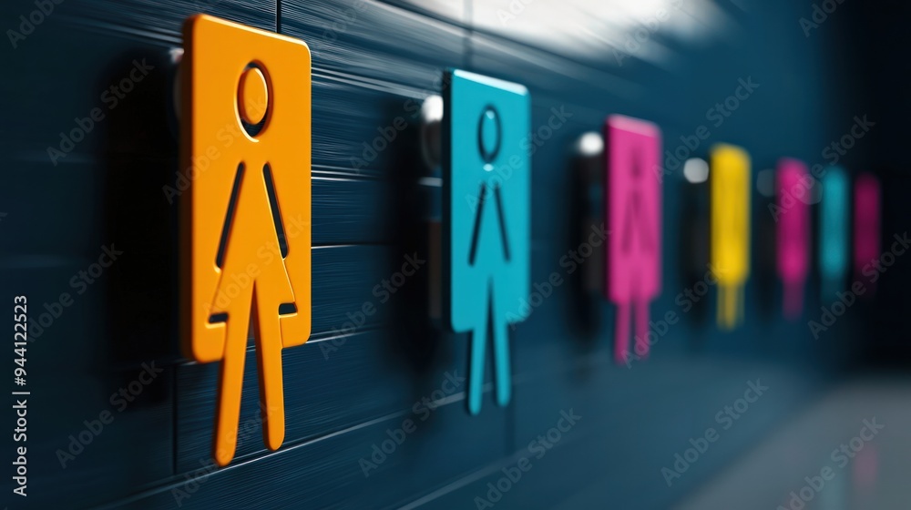 Colorful restroom signs hang on a modern wall, showcasing a stylish ...