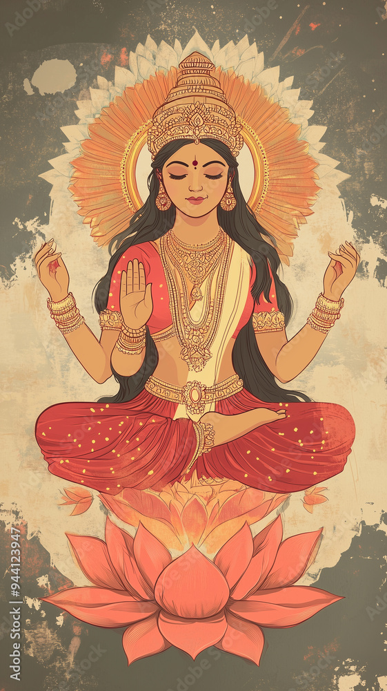 Goddess Lakshmi, cartoon style illustration. Hindu Goddess of wealth ...