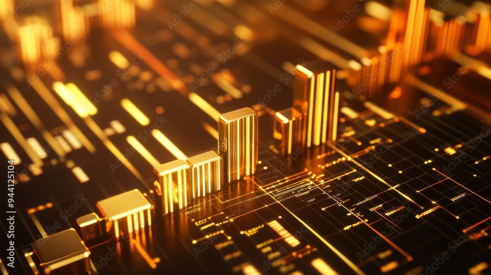 A 3D gold chart showing the fluctuation of gold prices over time, with ...
