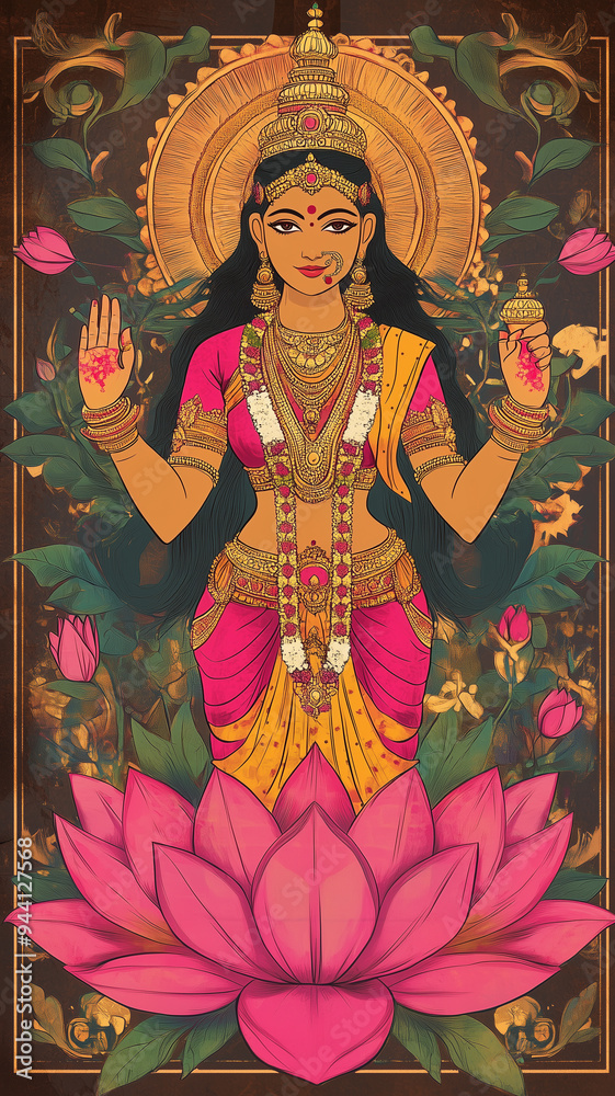 Goddess Lakshmi, cartoon style illustration. Hindu Goddess of wealth ...