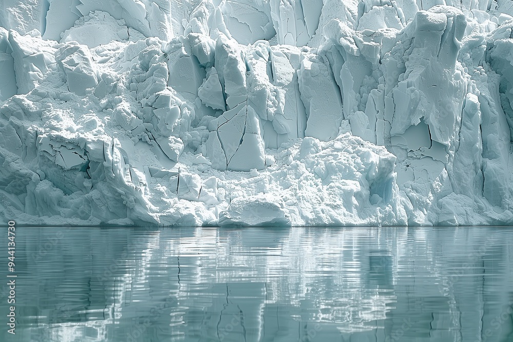 White glacier, sun melts ice in clear blue arctic water. Shows effects ...