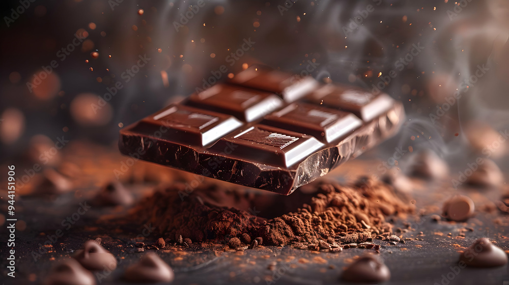 Chocolate Bar Floating Above Cocoa Powder with Smoke and Chocolate ...