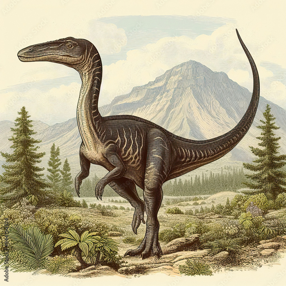 Imaginary view of a Gallimimus Dinosaur, in a vintage encyclopedia ...