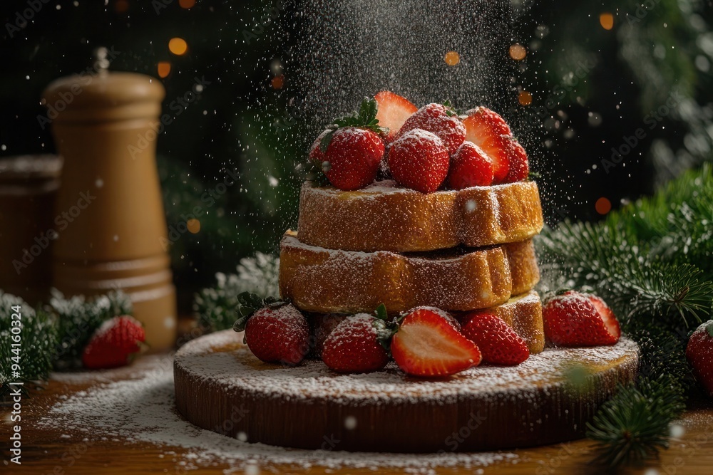 Strawberry French toast, dusted with confectioner's sugar, arranged in ...