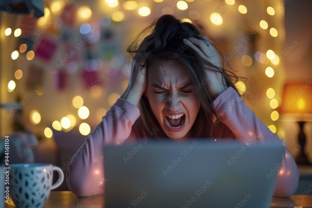 Stressed woman yells at her laptop during late-night work. The tension ...