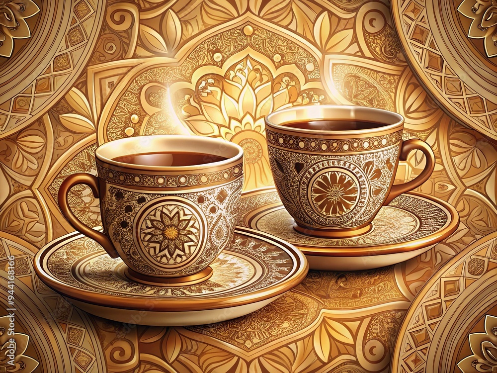 Intricate hand-drawn illustration of traditional Arabic coffee cups and ...