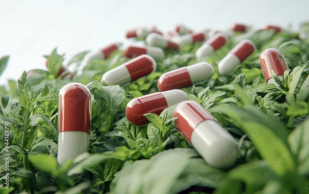 Sustainable drug production with capsules on green leaves in natural ...