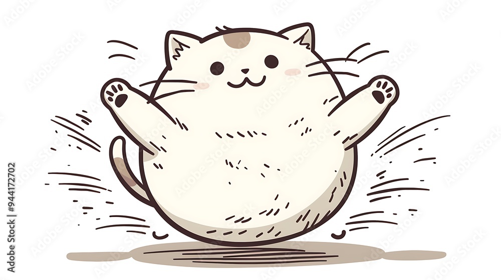A cartoon of a chubby white cat with brown patches on its head and back ...