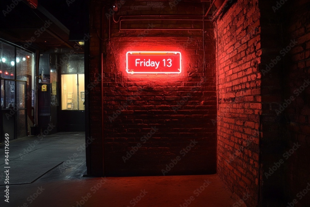 Mysterious Friday the 13th Neon Sign Illuminating a Dark Brick Alleyway ...