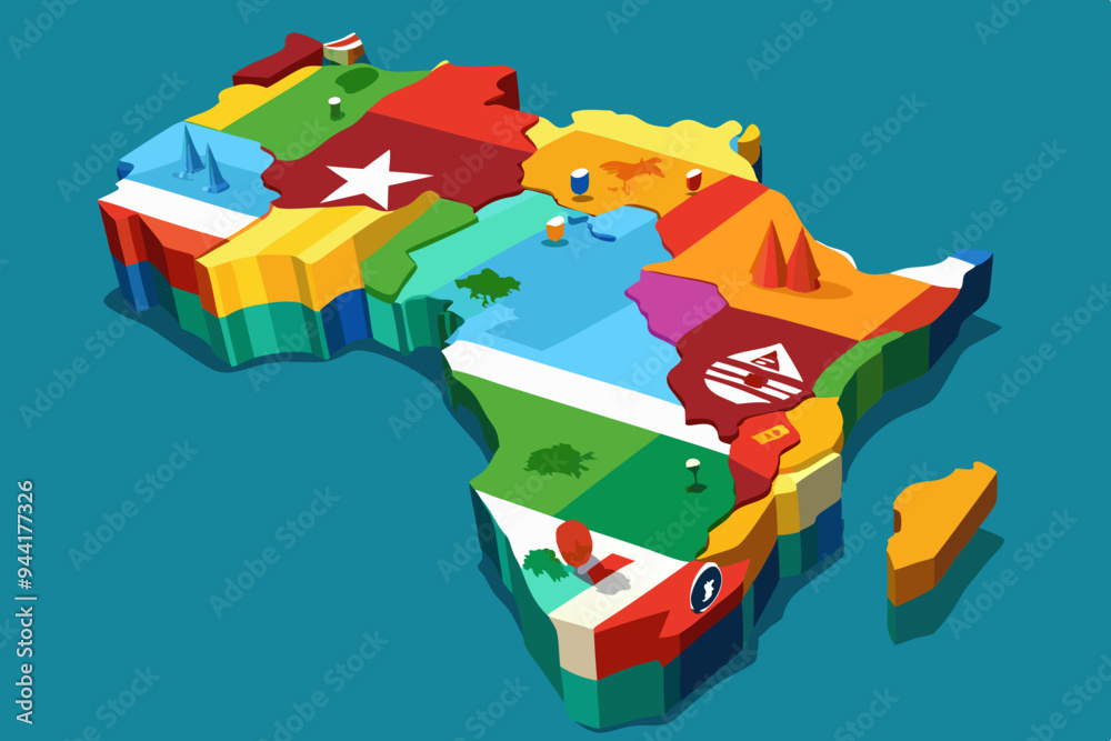 A dimensional map of Africa depicted with each country’s flag overlay ...