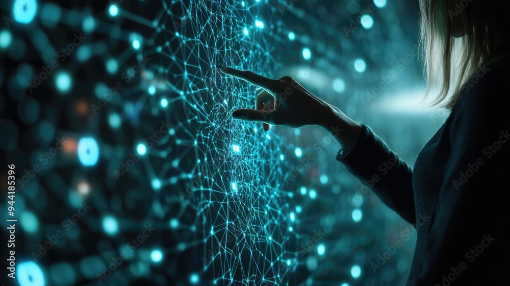 Big Data concept. Digital neural network.Business woman hand touching Introduction of artificial ...