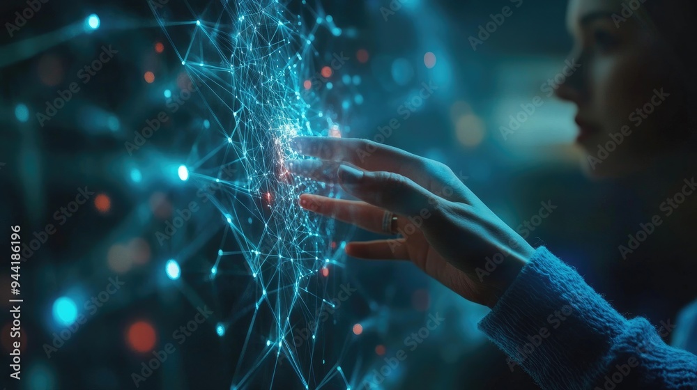 Big Data concept. Digital neural network.Business woman hand touching Introduction of artificial ...